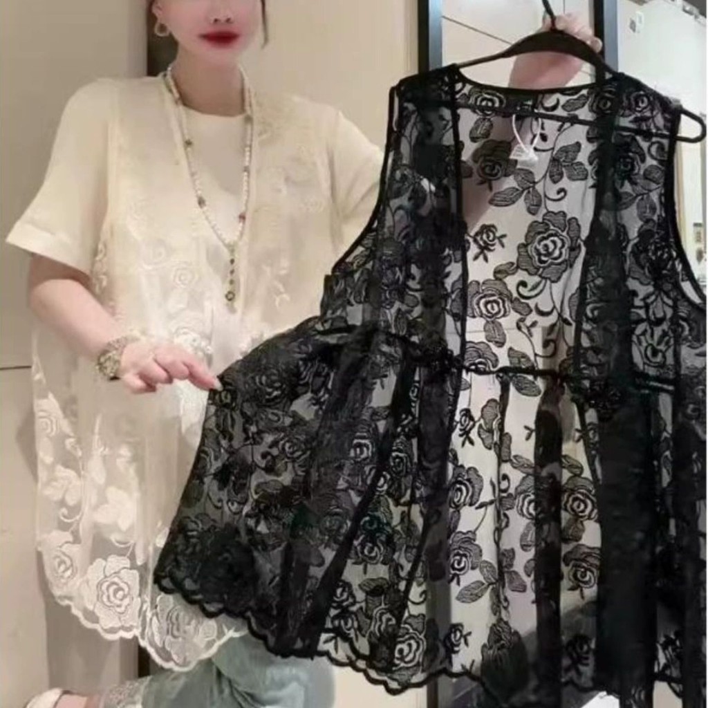 【XL-8XL大尺碼】👩女西裝背心 背心 真口袋 開襟背心大碼300斤胖妹妹mm歐貨提花歐根紗蕾絲馬甲女夏疊穿外搭無袖 | 蝦皮購物