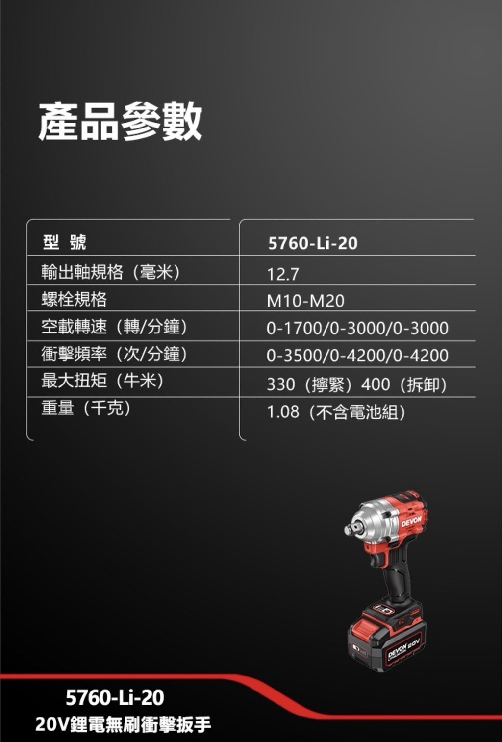 開發票 大有DEVON 5760-Li-20 充電無刷電動板手20V 無刷衝擊扳手 400牛頓米大扭力 短軸機身 | 蝦皮購物