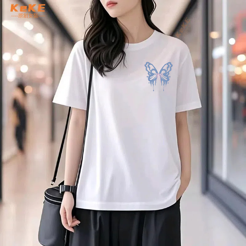 24H出貨S-5XL蝴蝶印花韓版圓領短袖110KG可穿oversize寬鬆顯瘦闺蜜装新款簡約爆款短袖夏天ins風 | 蝦皮購物