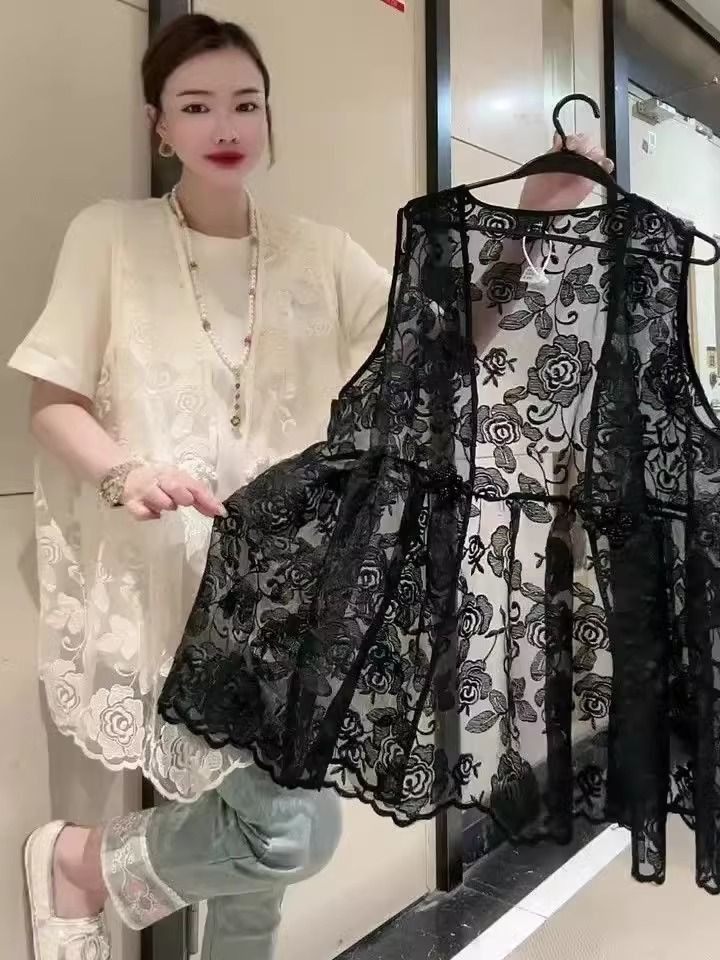 【XL-8XL大尺碼】👩女西裝背心 背心 真口袋 開襟背心大碼300斤胖妹妹mm歐貨提花歐根紗蕾絲馬甲女夏疊穿外搭無袖 | 蝦皮購物