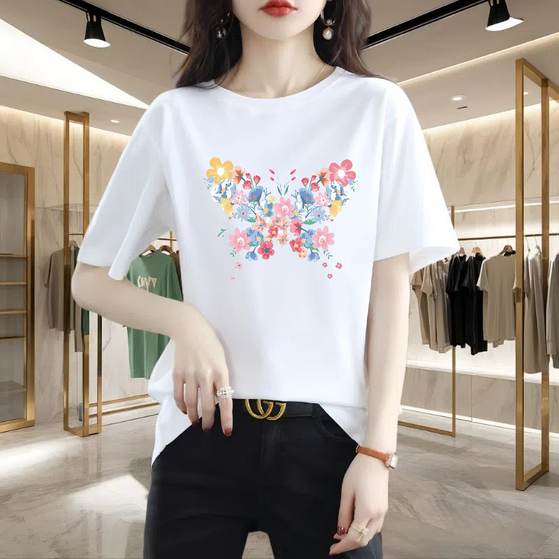 24H出貨S-5XL蝴蝶印花韓版圓領短袖110KG可穿oversize寬鬆顯瘦闺蜜装新款簡約爆款短袖夏天ins風 | 蝦皮購物