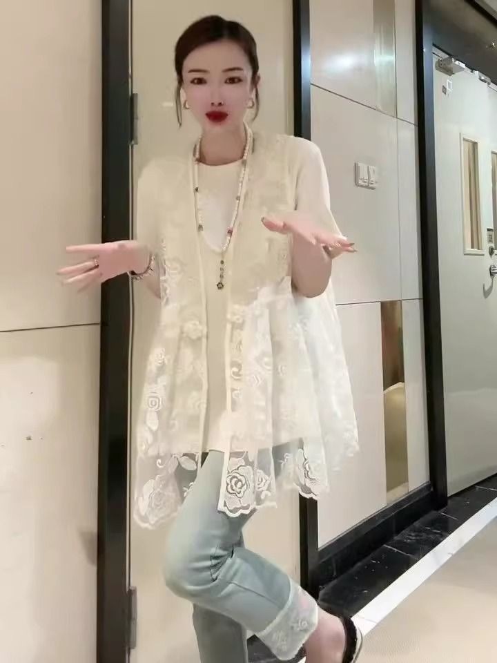 【XL-8XL大尺碼】👩女西裝背心 背心 真口袋 開襟背心大碼300斤胖妹妹mm歐貨提花歐根紗蕾絲馬甲女夏疊穿外搭無袖 | 蝦皮購物