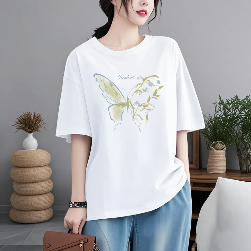 24H出貨S-5XL蝴蝶印花韓版圓領短袖110KG可穿oversize寬鬆顯瘦闺蜜装新款簡約爆款短袖夏天ins風 | 蝦皮購物