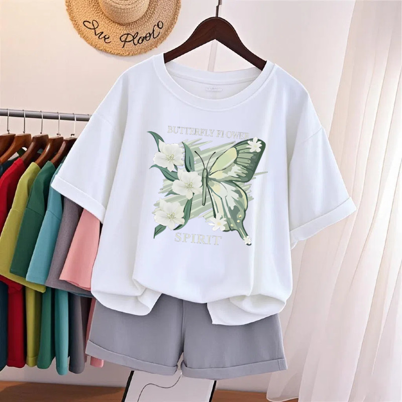 24H出貨S-5XL蝴蝶印花韓版圓領短袖110KG可穿oversize寬鬆顯瘦闺蜜装新款簡約爆款短袖夏天ins風 | 蝦皮購物