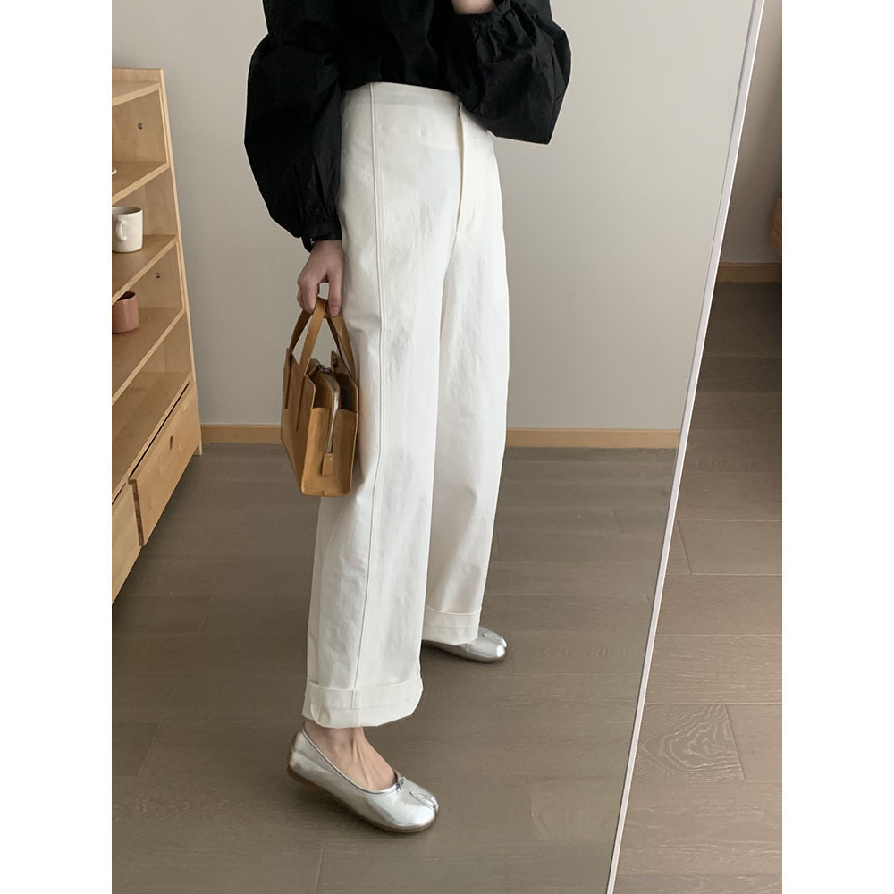 【Puffkten】韓版復古白色垂墜感褲女 小個子 顯瘦直筒褲女 九分褲 寬褲 | 蝦皮購物