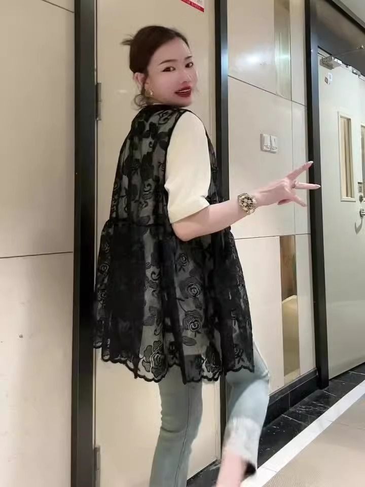 【XL-8XL大尺碼】👩女西裝背心 背心 真口袋 開襟背心大碼300斤胖妹妹mm歐貨提花歐根紗蕾絲馬甲女夏疊穿外搭無袖 | 蝦皮購物