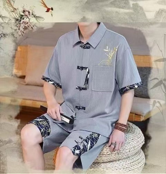 闆娘優選中國風男士開衫短袖裝國潮寬鬆民族風冰絲五分褲中式唐裝兩件 N6XL | 蝦皮購物