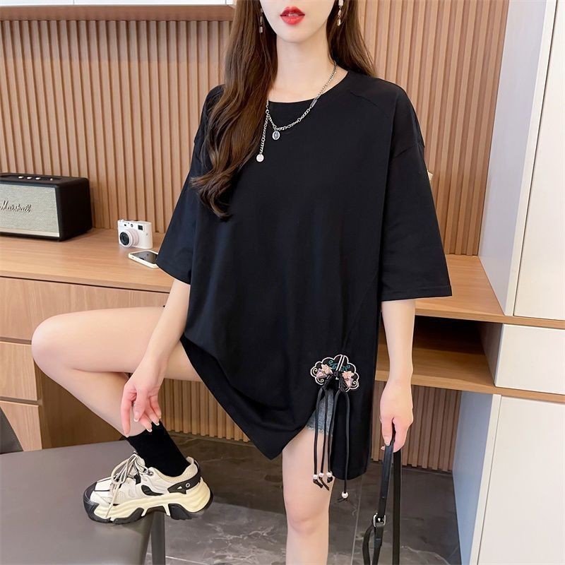 VOVA本鋪 超大碼女裝 盤扣開叉短袖 新中式國風t恤 顯瘦 夏季 新款 寬鬆 刺繡上衣 | 蝦皮購物