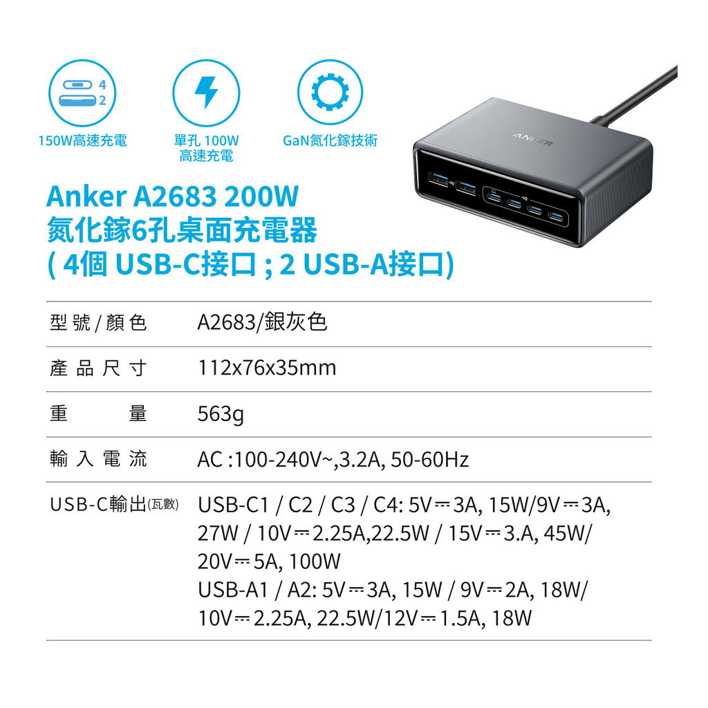 ANKER 授權直營 Anker Prime 桌面充電器 六孔氮化鎵200W(4C2A) A2683 | 蝦皮購物