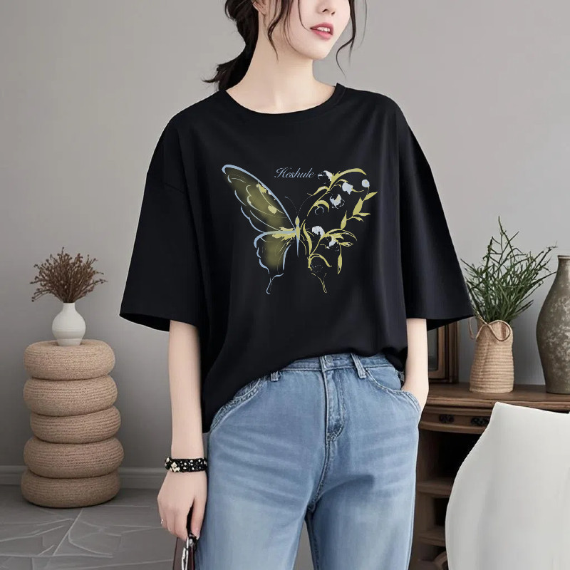 24H出貨S-5XL蝴蝶印花韓版圓領短袖110KG可穿oversize寬鬆顯瘦闺蜜装新款簡約爆款短袖夏天ins風 | 蝦皮購物