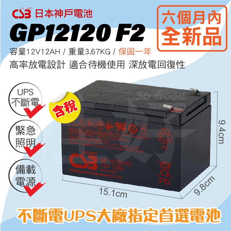佳好電池 全新含稅 日立神戶 CSB GP12120 F2 12V-12AH 不斷電UPS 蓄電池 APC大廠指定專用 | 蝦皮購物