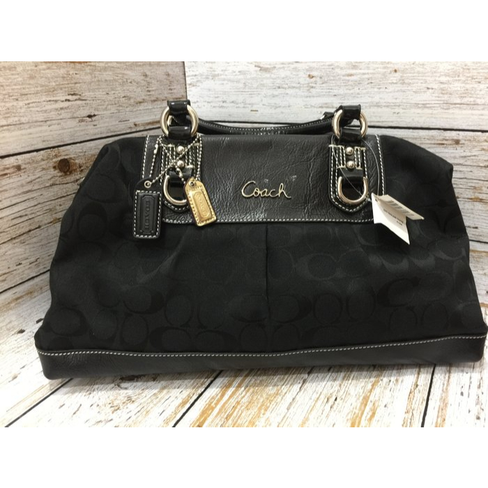 【哈極品】極新美品《COACH 黑色布面LOGO波士頓手提包》 | 蝦皮購物
