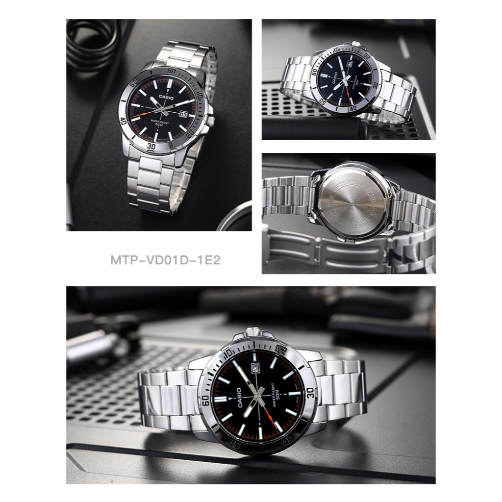 【金台鐘錶】CASIO卡西歐 MTP-VD01D-1E2 (黑面x釘字)日期顯示 不鏽鋼錶帶 防水50米 | 蝦皮購物
