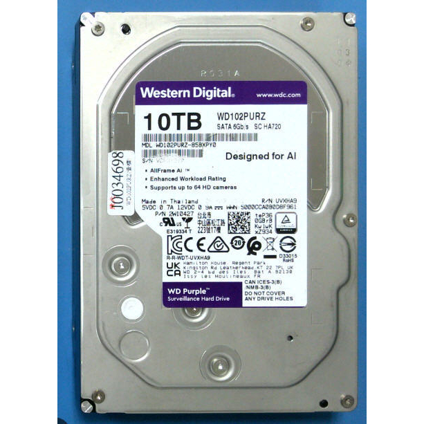 WD102PURZ 紫標 10TB 3.5吋監控系統硬碟 拆機良品過保固 10TB 硬碟 | 蝦皮購物