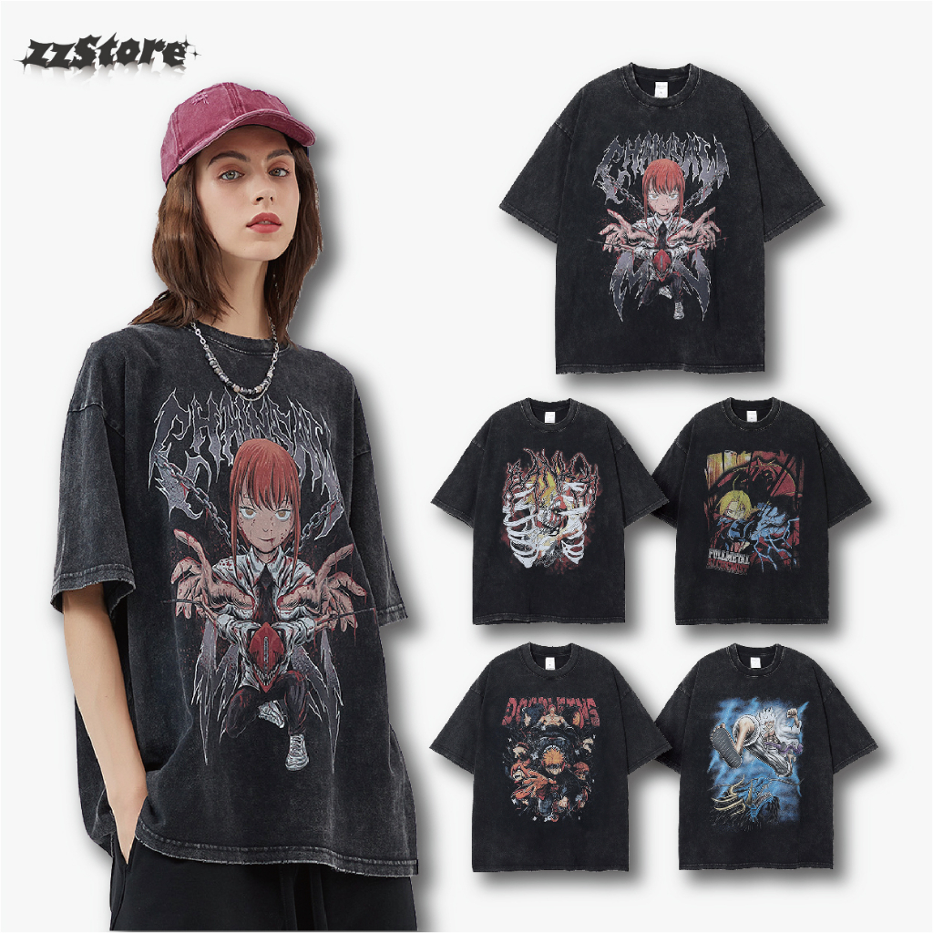 [ zzStore ] 鏈鋸人 電鋸人 短袖 魯夫 寬鬆 OVERSIZE INS 高街 穿搭 曉 水洗 做破 | 蝦皮購物