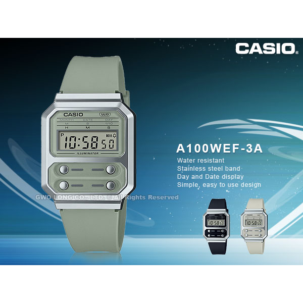 CASIO A100WEF-3A 復古電子錶 膠質錶帶 墨綠 LED照明 生活防水 全新品 A100W 國隆手錶專賣店 | 蝦皮購物