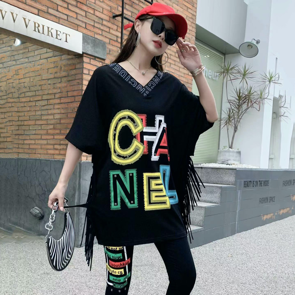 Y2 style ️前後V領銅環字母流蘇字母印花潮T ️Y2style歐美設計款寬鬆韓版個性大尺碼y1-230339 | 蝦皮購物