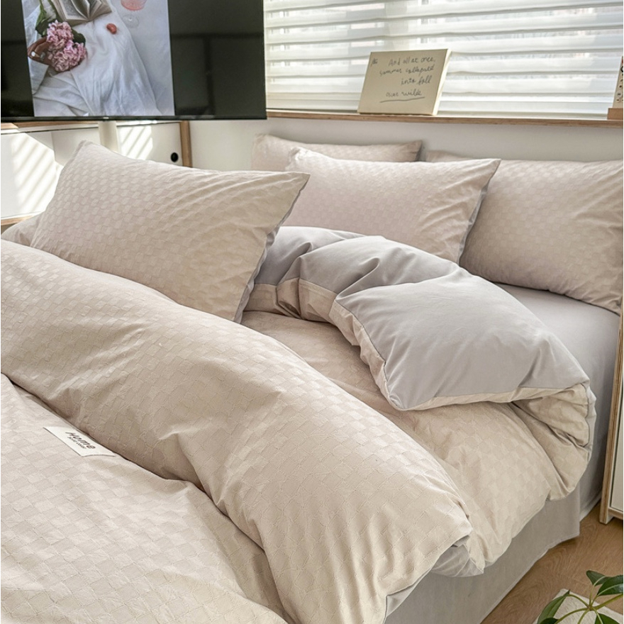 Arvo Home 韓系被套四件組 直條被套 雙人四件組 雙人加大組 裸睡被套 方格壓紋 撞色被套 裸床包 無印風床 | 蝦皮購物