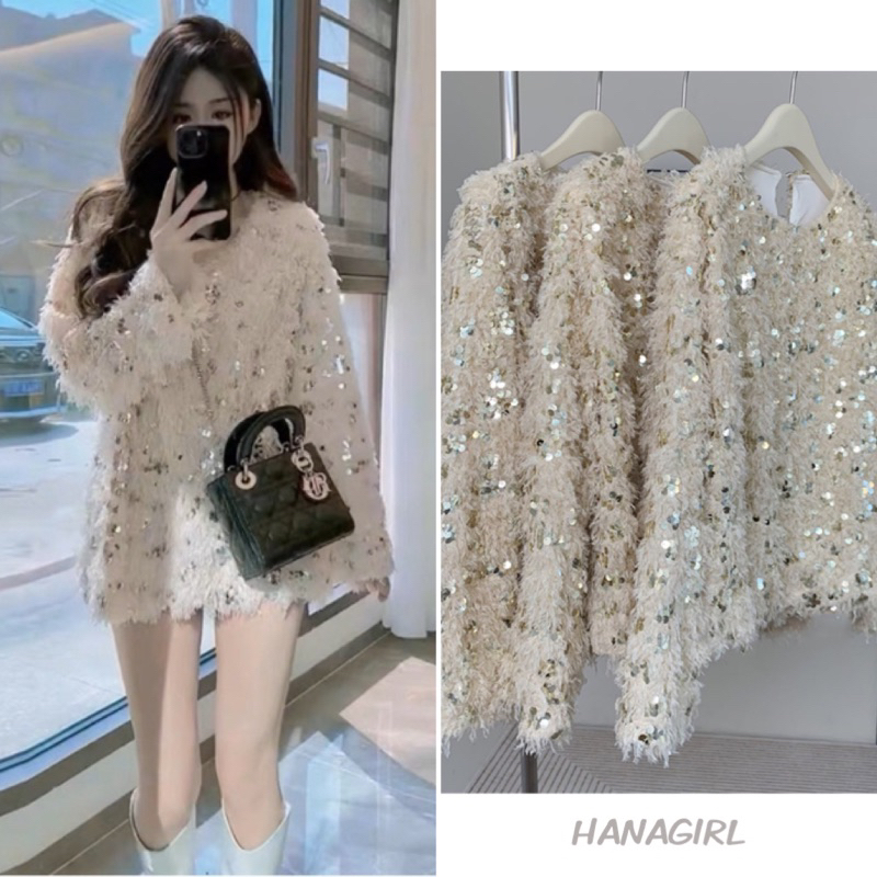 🎀Hanagirl 正韓 閃閃惹人愛🌸 節日氛圍 金色亮片羽毛連身裙 正韓洋裝 長袖洋裝 A044 | 蝦皮購物