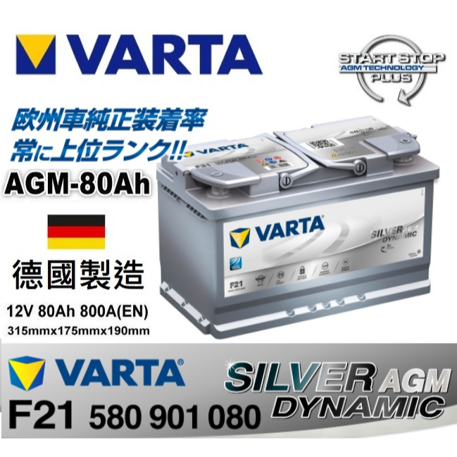 全新德國進口 VARTA F21 / A6 AGM 汽車電池 80Ah 800AEN BENZ/BMW原廠專用品牌 華達 | 蝦皮購物