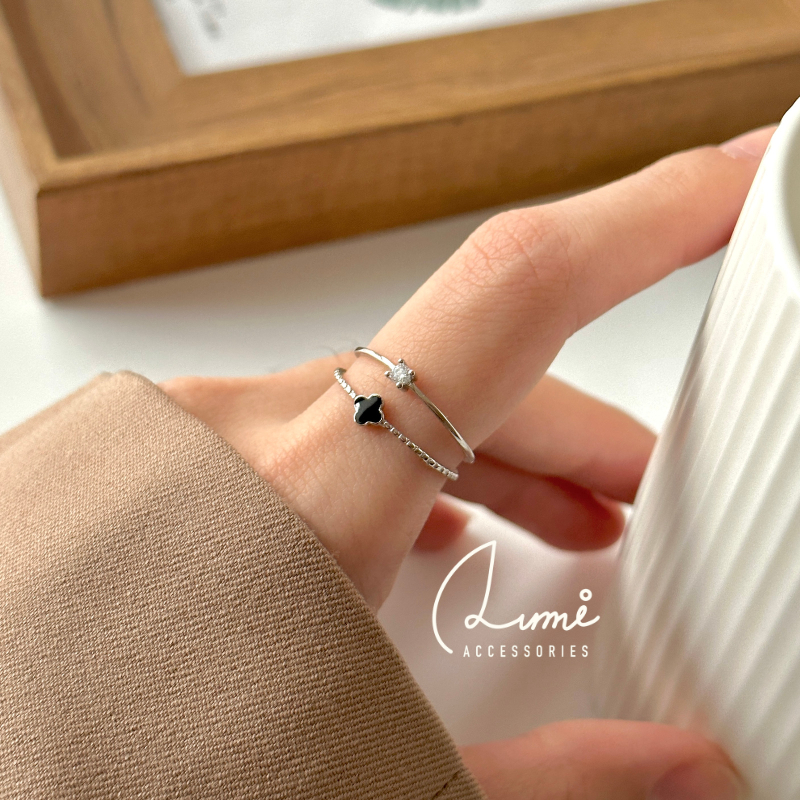 [ALUMI] 四葉鋯石 ｜S925純銀 黑色四葉草 水鑽鋯石 雙排疊戴 開口戒 飾品 線戒 純銀戒指 | 蝦皮購物