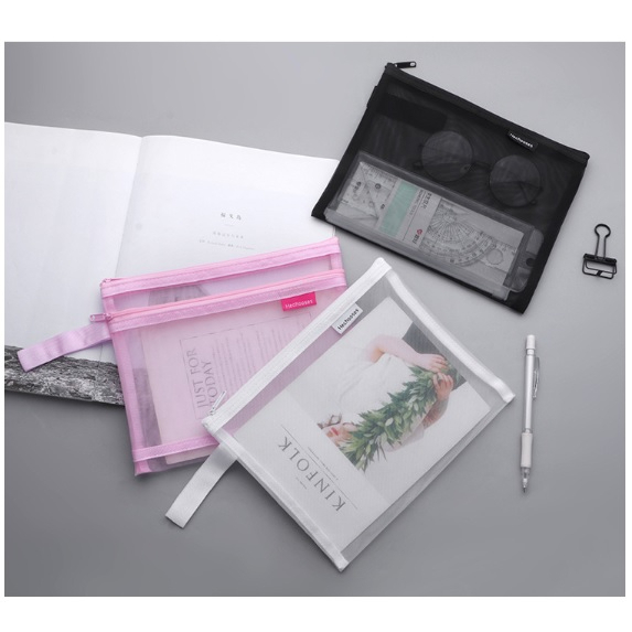 HY.-禮蔻百貨-A5雙層簡約透明網紗拉鍊文件袋、資料袋、文具收納袋 | 蝦皮購物