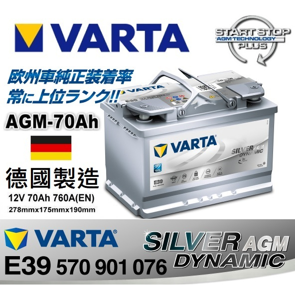 全新德國製造 VARTA A7 AGM 汽車電池 70Ah 760AEN BENZ/BMW原廠專用 華達 瓦爾塔 E39 | 蝦皮購物