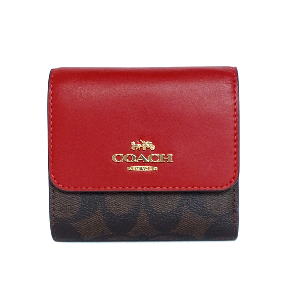 全新正品附紙袋 COACH PVC Logo拼接真皮釦式三摺內拉鍊袋短夾(深咖紅邊) 情人節 聖誕 生日禮物 | 蝦皮購物
