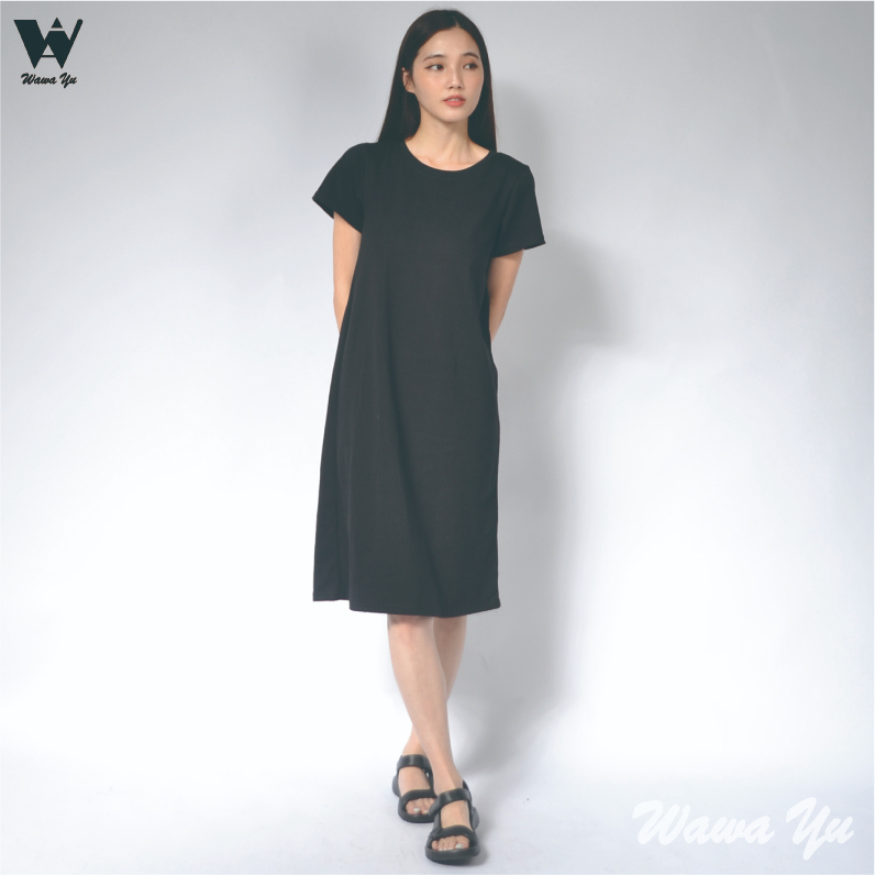 Wawa Yu 洋裝-中版短袖棉質洋裝-2色 黑色 大地色 (尺碼S-XL) | 蝦皮購物