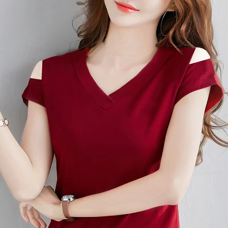 【Your】S-5XL 大尺碼上衣新款韓版露肩大尺碼夏裝V領短袖t恤女士修身一字領上衣打底衫ins潮 短袖上衣 寬鬆上衣 | 蝦皮購物