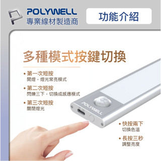 POLYWELL 磁吸式LED感應燈 超薄型設計 USB-C充電 人體感應 3種色溫 光線柔和 寶利威爾 台灣現貨 | 蝦皮購物