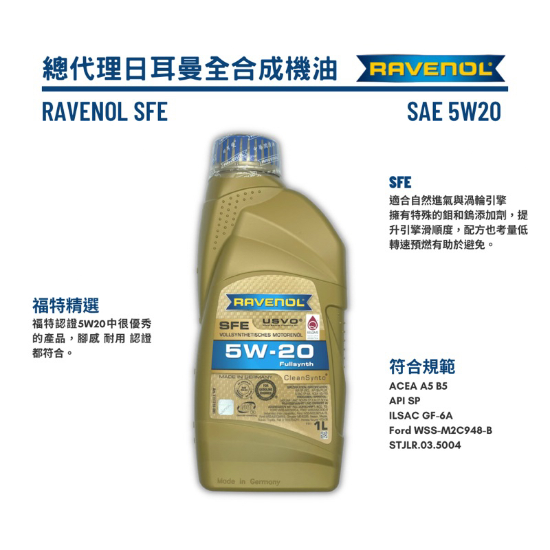【德國原裝】 (請私訊報價) 日耳曼 SFE 總代理公司貨 Ravenol 5w20 福特948B 漢諾威 全合成機油 | 蝦皮購物