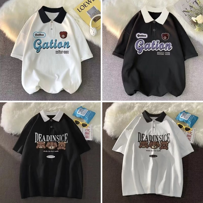 【M-5XL】美式復古學院風polo衫短袖t恤男女夏季港風ins潮牌痞帥炸街翻領半袖體恤 短袖上衣 情侶款休閒短袖T恤 | 蝦皮購物