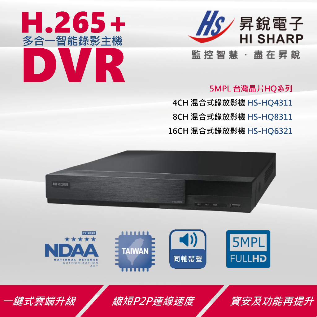 【阿宅監控屋】HiSharp昇銳 HS-HQ4311 多合一智能錄影主機 H.265 4路4音 同軸帶聲 台灣製 監視器 | 蝦皮購物