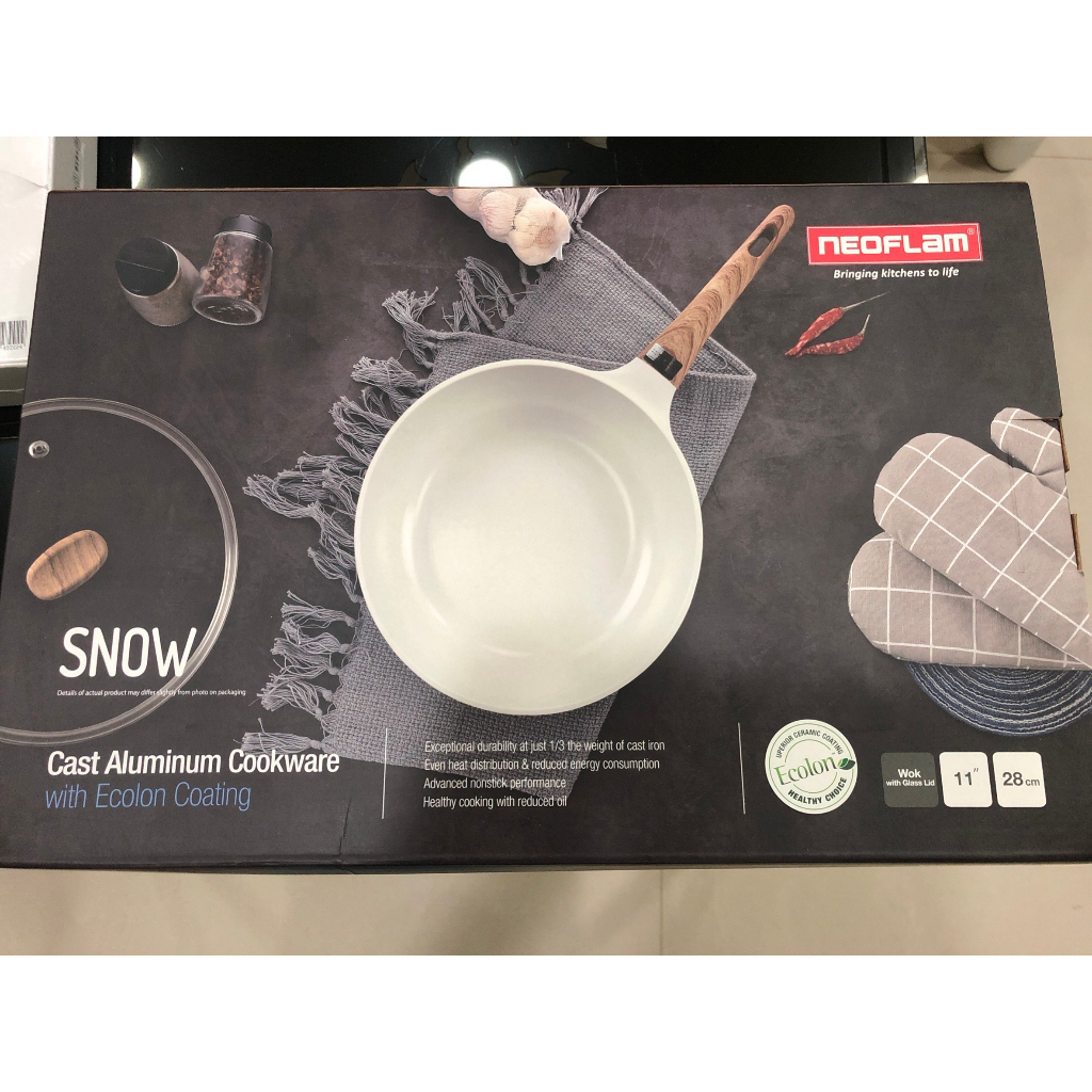 NEOFLAM Snow系列 28公分炒鍋 瓦斯爐電磁爐可用 +玻璃蓋 | 蝦皮購物