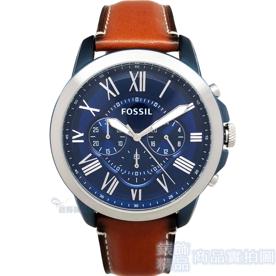 FOSSIL FS5151腕錶 旅行時尚款 金屬藍霧銀框 三眼計時 日期 駝色錶帶 44mm 男錶【澄緻精品】 | 蝦皮購物