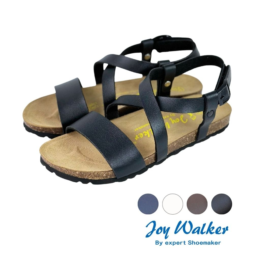 JoyWalker 一字交叉 素面平底 圓頭 露趾 軟木涼鞋 女 合成皮革 繞踝 休閒舒適 柔軟鞋墊 夏季 1516P | 蝦皮購物