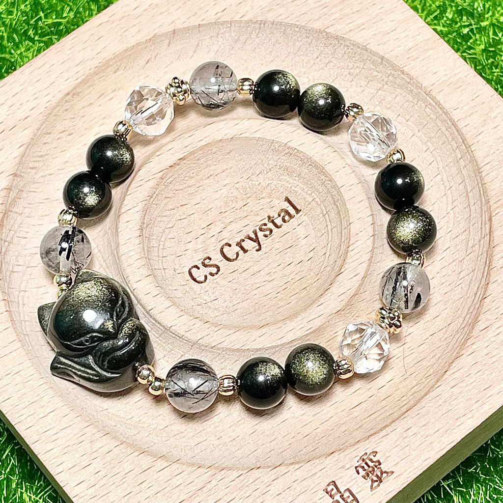 CS Crystal 編號386 避邪擋煞系列 - 金沙黑曜石+粗絲黑髮晶+透體白水晶設計款 | 蝦皮購物