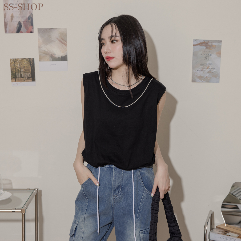 無袖 落肩 短版 下擺收腰 棉料 女生 女裝 上衣 SS-SHOP Z0096 | 蝦皮購物