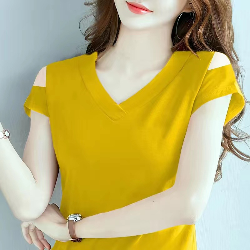 【Your】S-5XL 大尺碼上衣新款韓版露肩大尺碼夏裝V領短袖t恤女士修身一字領上衣打底衫ins潮 短袖上衣 寬鬆上衣 | 蝦皮購物