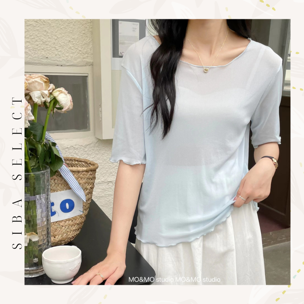 【SiBA Girl】MOMO-9833 現貨 捲邊木耳透膚上衣 木耳邊 內搭 雪紡 短袖 上衣 5A | 蝦皮購物