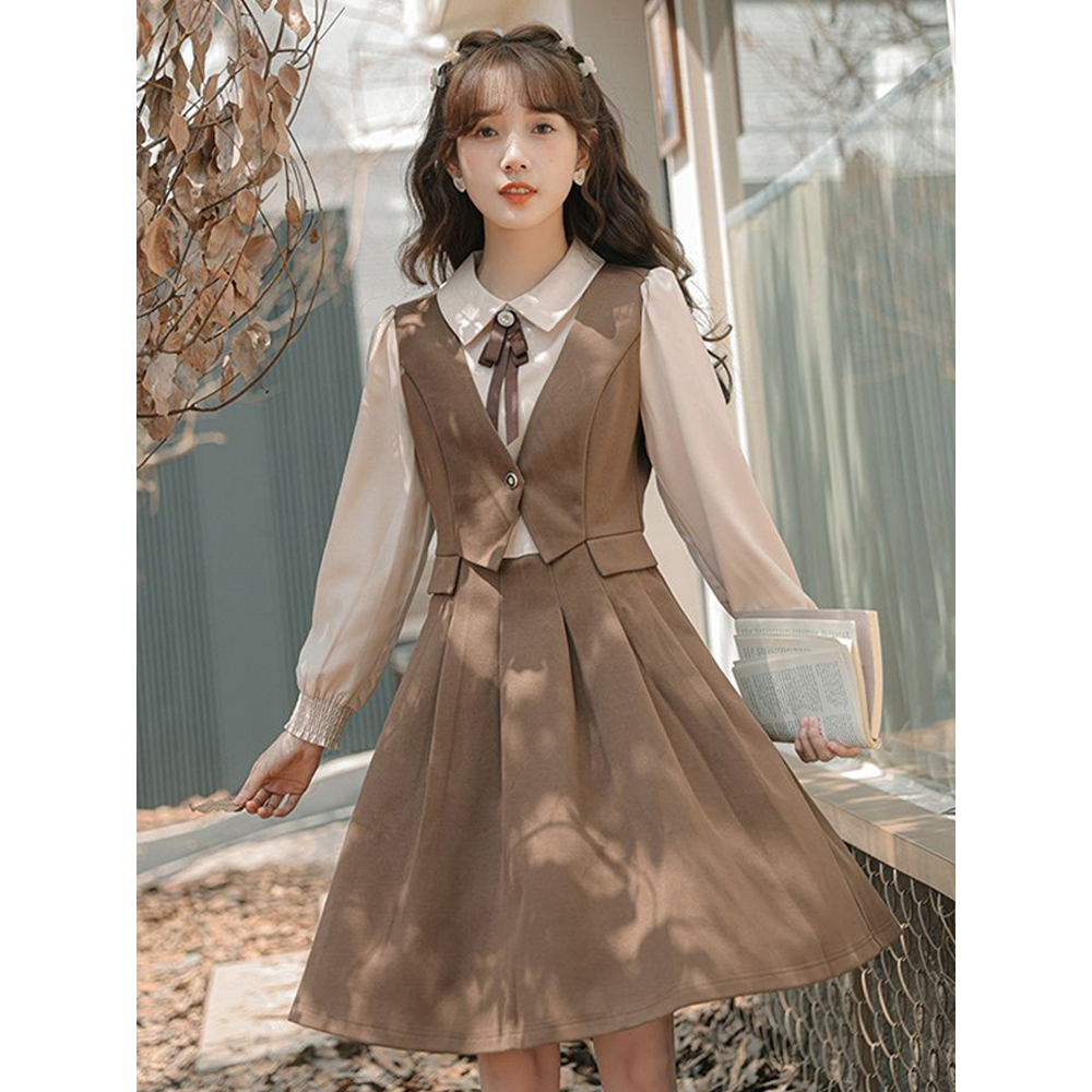 【森林兔】日系洋裝假兩件洋裝連身裙連衣裙裙子蝴蝶結襯衫高腰復古氣質小個子學院森林系顯瘦女裝女生K824 | 蝦皮購物