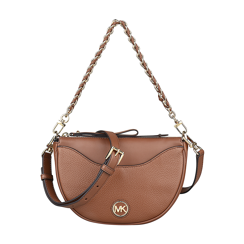 MK MICHAEL KORS DOVER金字圓標LOGO荔枝紋牛皮拉鍊肩背斜背半月包(棕) | 蝦皮購物