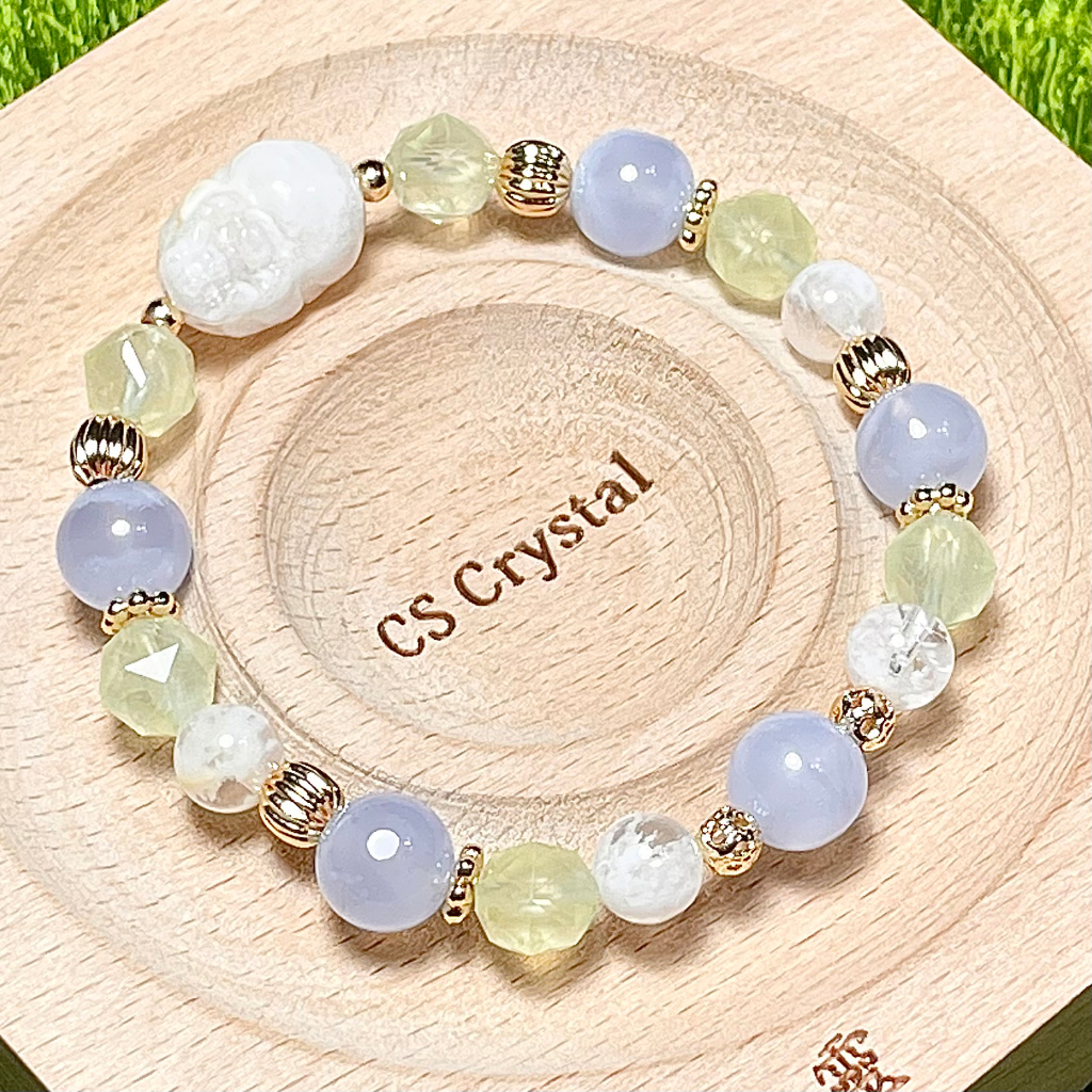 CS Crystal 編號355 神獸貔貅系列 - 雪花幽靈水晶+藍紋瑪瑙+葡萄石設計款 | 蝦皮購物