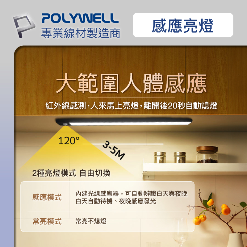 POLYWELL 磁吸式LED感應燈 超薄型設計 USB-C充電 人體感應 3種色溫 光線柔和 寶利威爾 台灣現貨 | 蝦皮購物