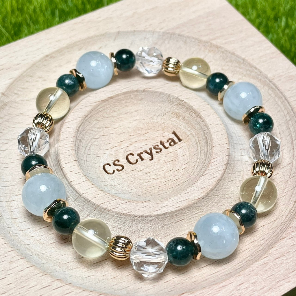 CS Crystal 編號304 - 奶油體海藍寶+透體檸檬黃水晶+透體白水晶+深藍綠磷灰石設計款 | 蝦皮購物