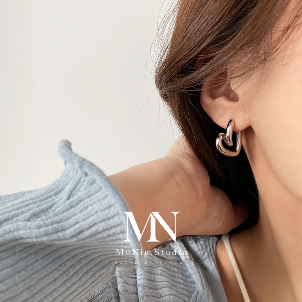 MuNiu｜s925銀針／耳夾｜捲曲愛心耳環．心形耳環 不規則 銀針耳環 幾何型耳環 心型金屬夾式 韓國飾品－全現貨賣場 | 蝦皮購物