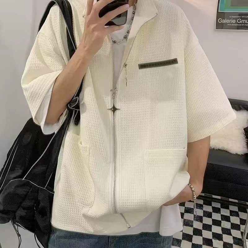 【潮尚男裝】原創立領拉鏈短袖襯衫男黑色夏襯衣夾剋 HAYH 工裝 韓版 夏款 小眾 | 蝦皮購物