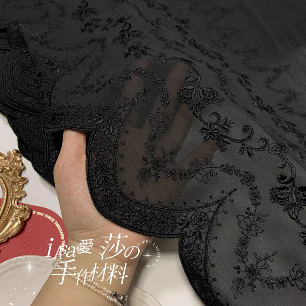 《iAsa愛莎の》手作材料 超寬70cm日單宮廷風黑粉綠雪紡刺繡花邊手工DIY服裝長褲裙擺家居布料 | 蝦皮購物