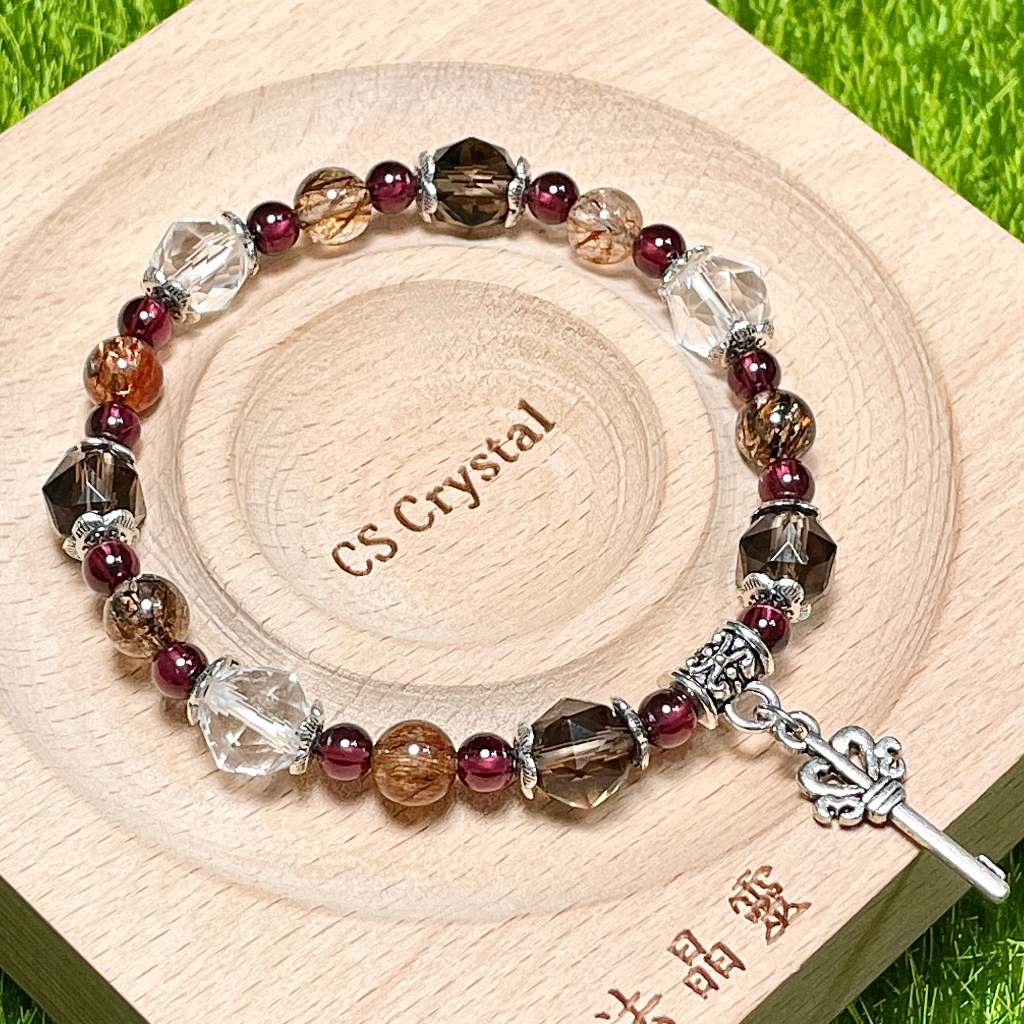 CS Crystal 編號346 - 透體白水晶+墨水茶晶+黑金超七+紫牙烏石榴石設計款 | 蝦皮購物